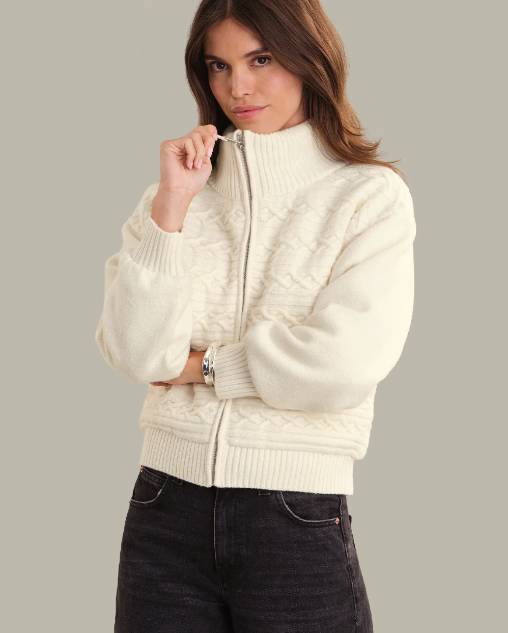 Alpine Cable Knit Zip Up - Sea Salt (L)